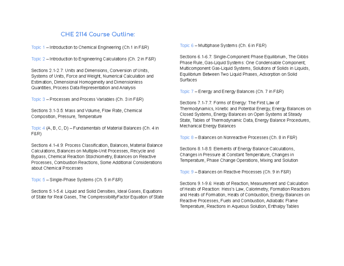 CHE 2114 Course Outline - CHE 2114 Course Outline: Topic 1 ...
