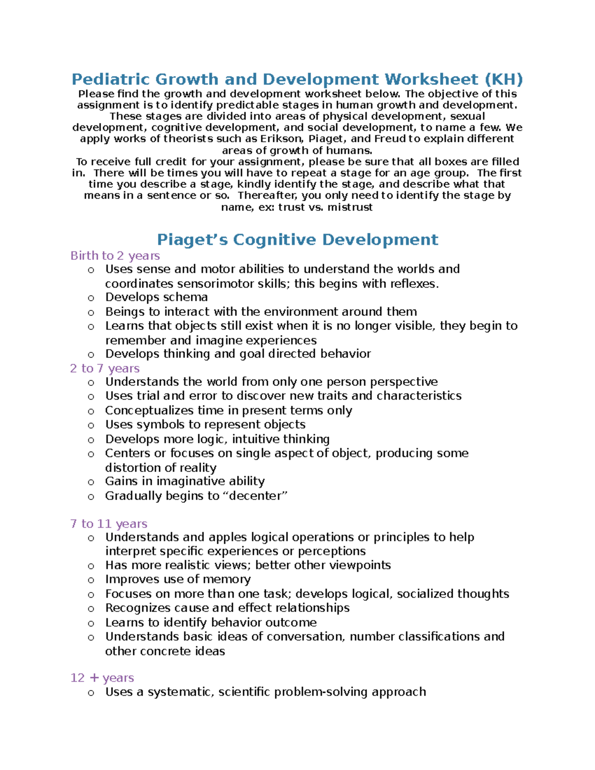 Peds homework - Pediatric Growth and Development Worksheet (KH) Please ...
