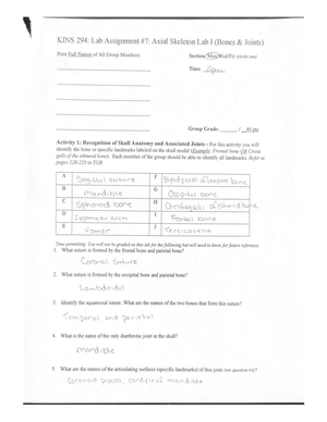 KINS 294 Lab Assignment #7 Axial Skeleton Lab I (Bones and Joints) 2 ...
