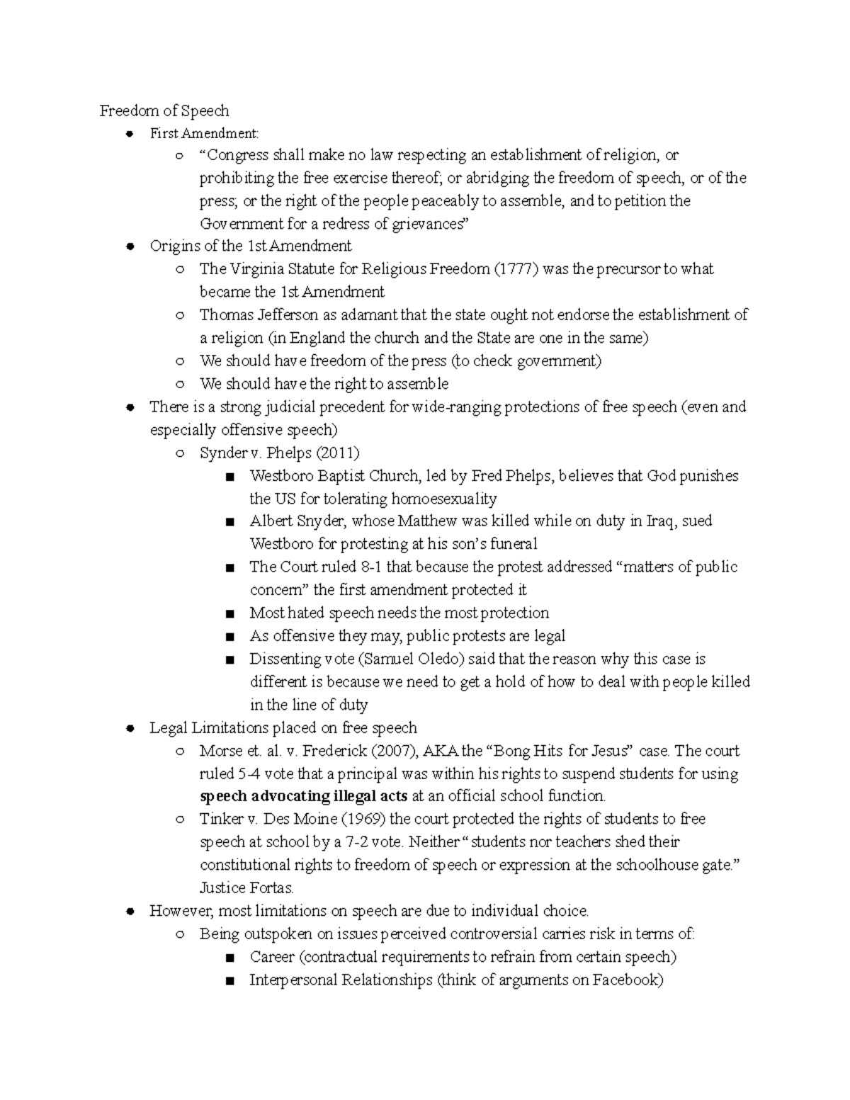 Public Speaking Notes - Freedom of Speech First Amendment: “Congress ...
