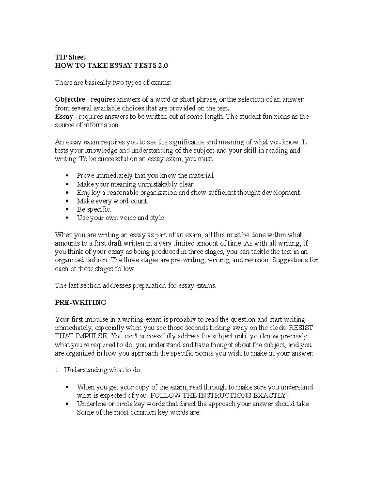 ESSAY ESSAY ESSAY - TIP Sheet HOW TO TAKE ESSAY TESTS 2. There are ...