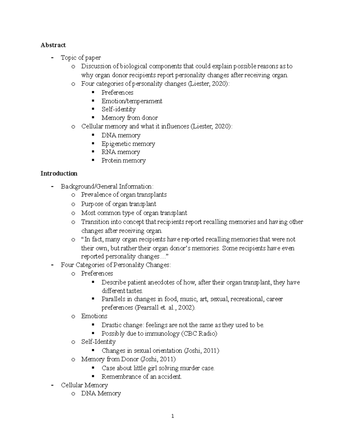 Outline main - Abstract Topic of paper o Discussion of biological ...