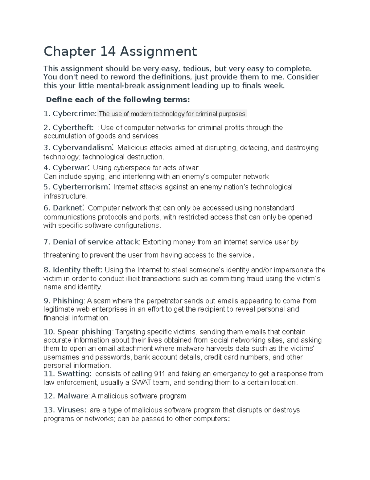 Chapter 14 Assignment - question and answers - Chapter 14 Assignment This assignment should be ...
