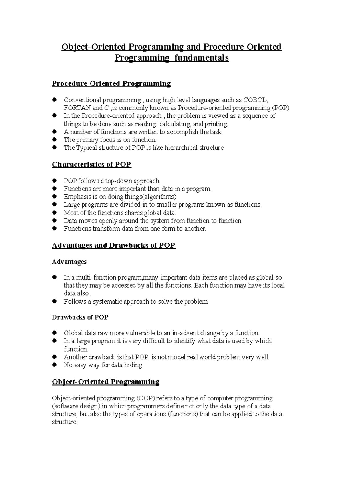 Oops And POP fundamentals - Object-Oriented Programming and Procedure Oriented Programming - Studocu
