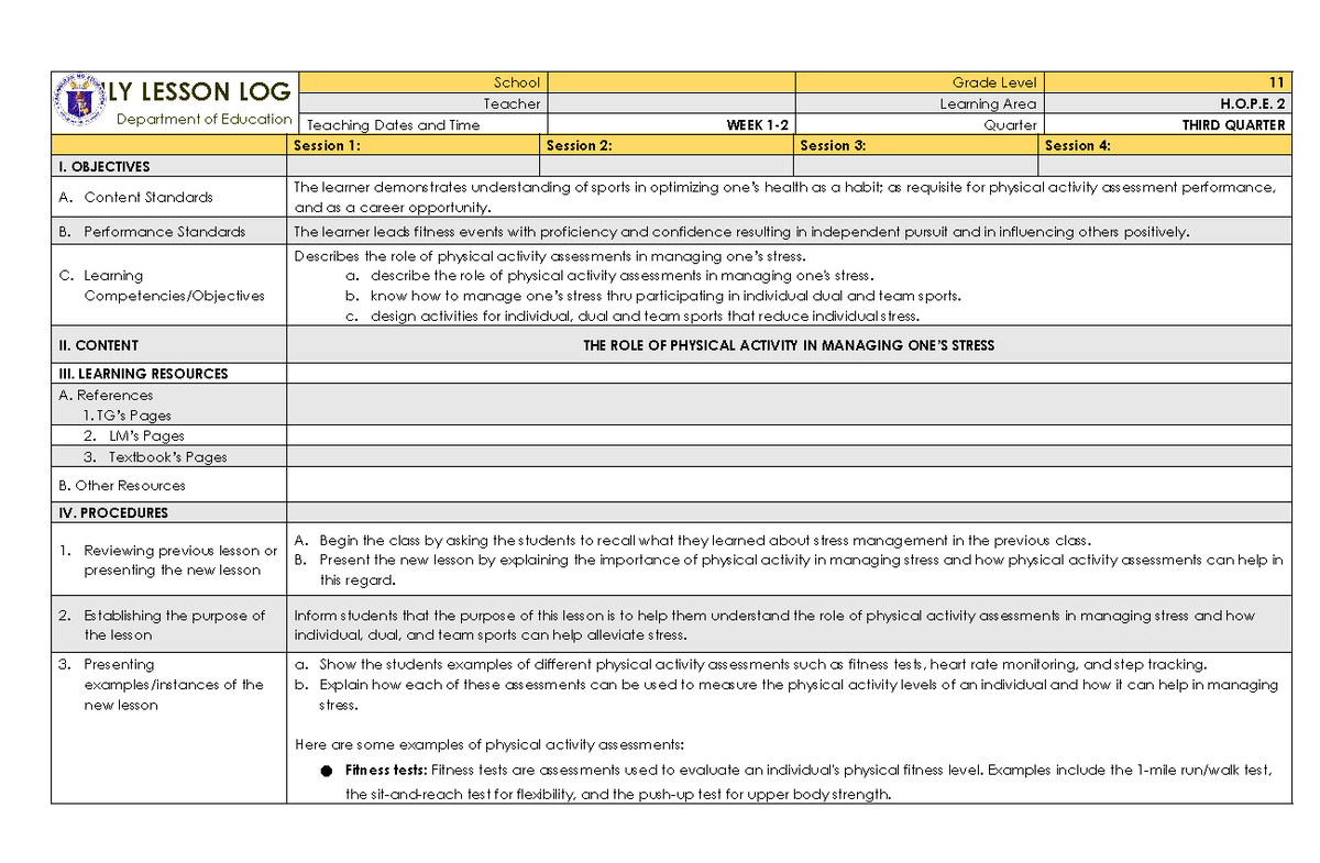 WEEK 1-2 - DAILY LESSON LOG Department of Education School Grade Level ...