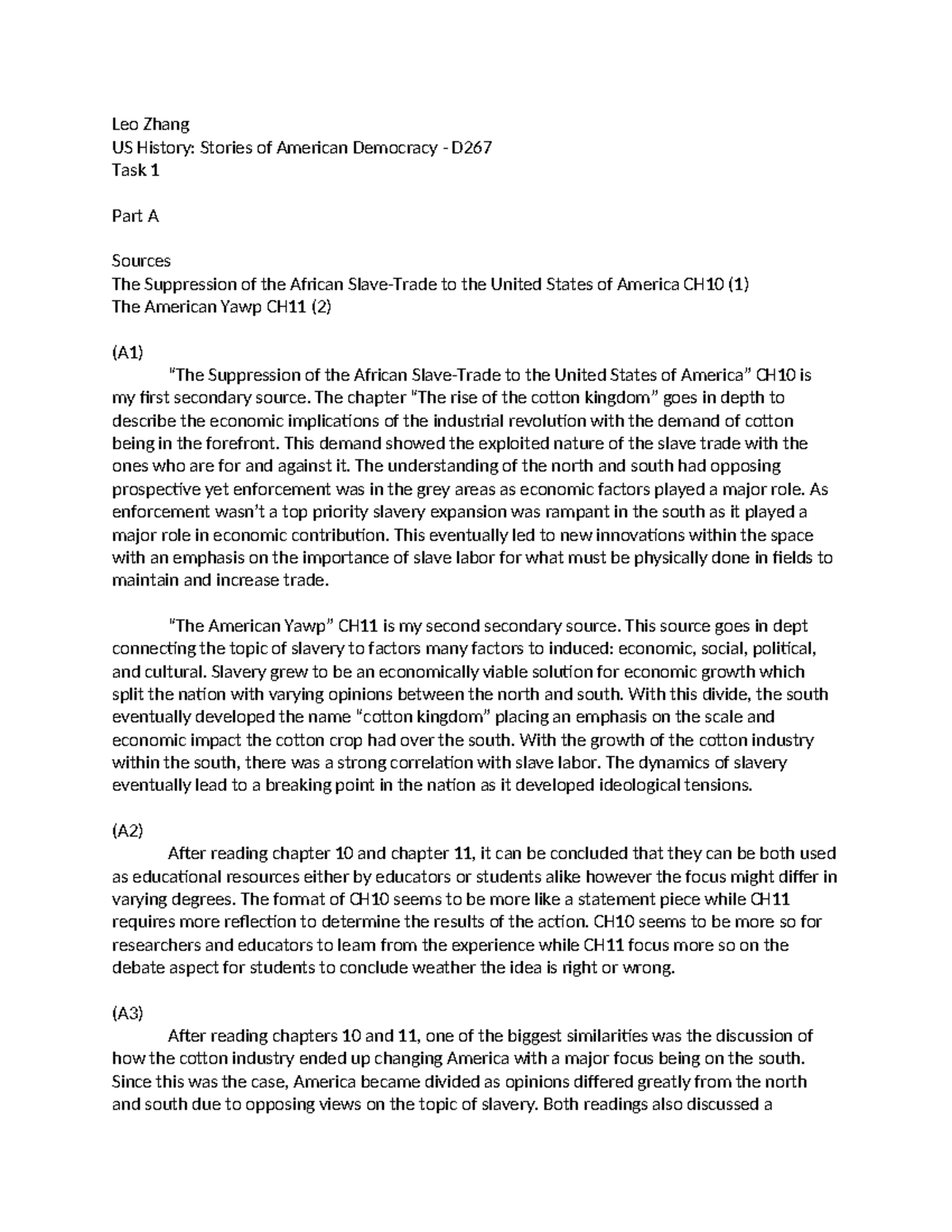 D267 T1 - Task 1 - Leo Zhang US History: Stories of American Democracy ...