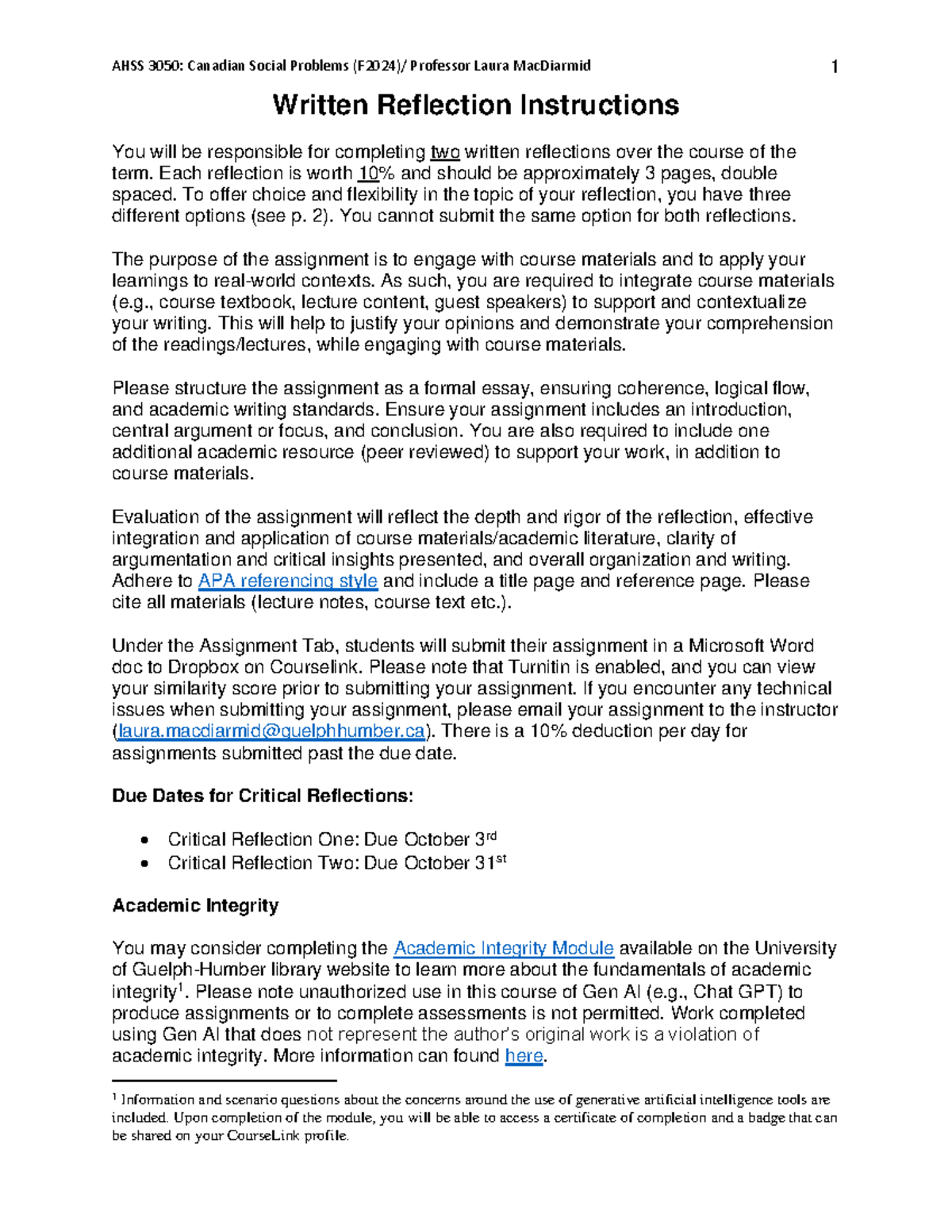 Reflection Instructions - Each reflection is worth 10 % and should be ...