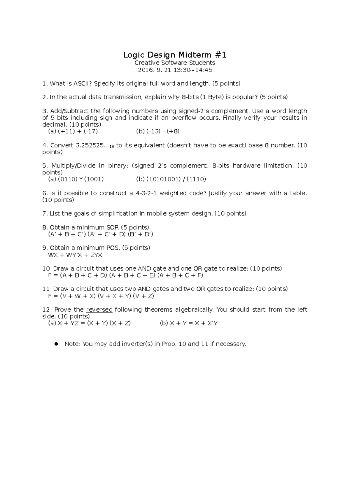 Logic design Midterm 1 (2016 software) - Logic Design Midterm Creative Software Students 2016. 9 ...
