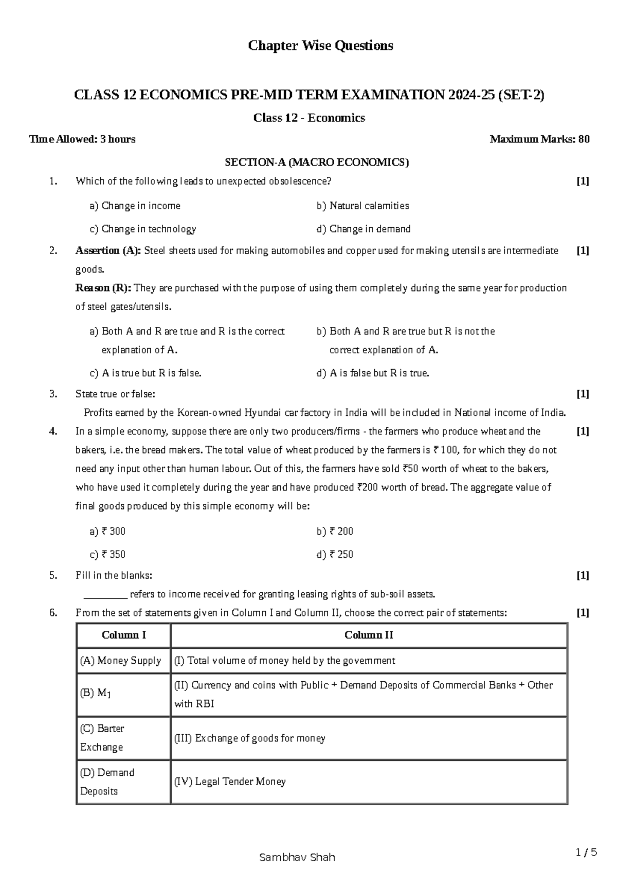 Class 12 Economics Pre-Mid Term Examination 2024-25 (Set-2) question ...