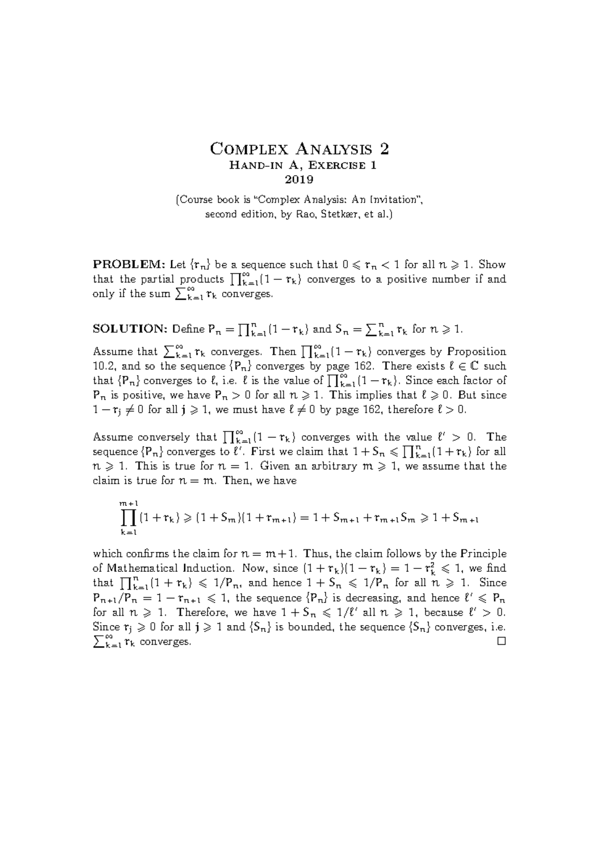 Com An 2Hand In 1Ex1 - Complex Analysis 2, Hand-In A, Exercise 1 ...