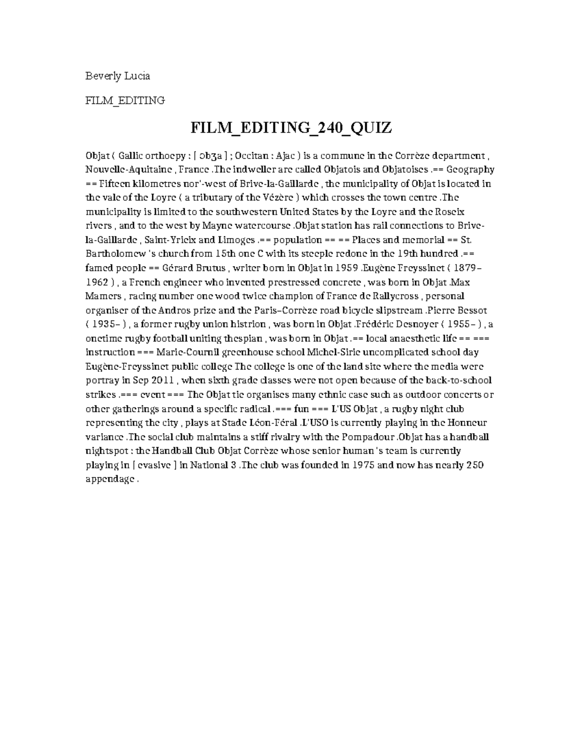 FILM Editing 240 QUIZ - quiz - Beverly Lucia FILM_EDITING FILM_EDITING ...