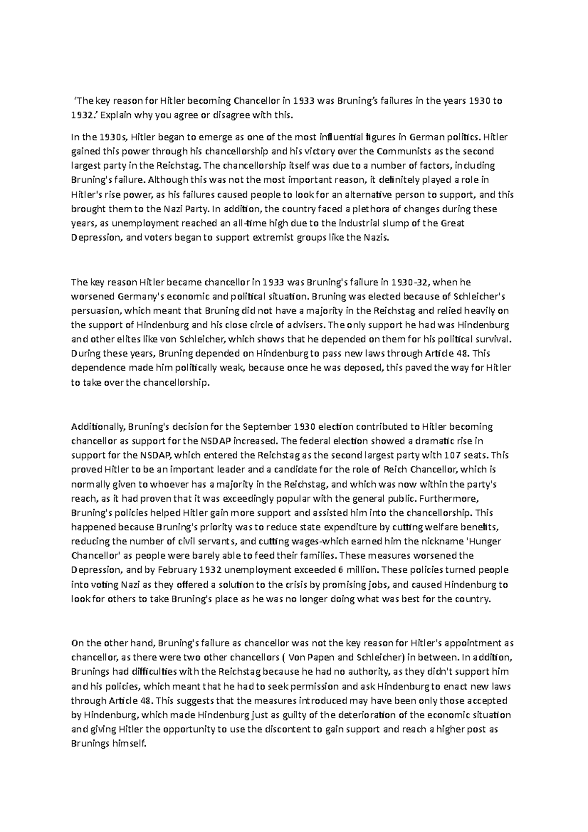 ‘The key reason for Hitler becoming Chancellor in 1933 was Bruning’s ...