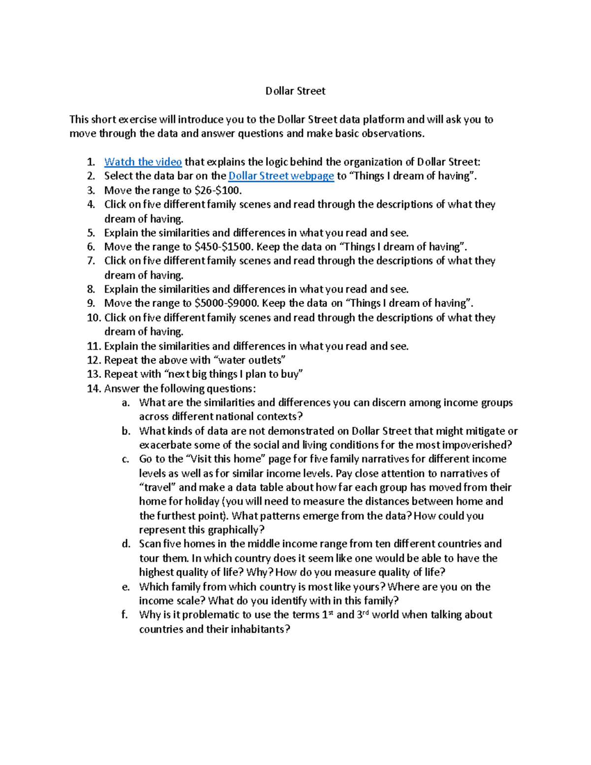 Dollar Street Exercise - Dollar Street This short exercise will ...