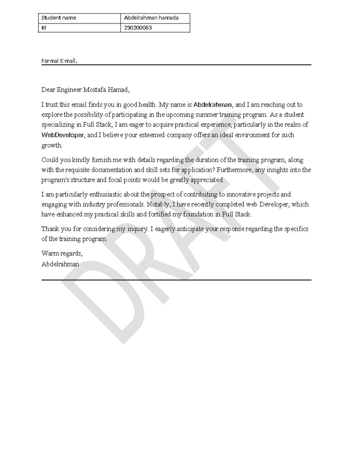 E-mail - Dear Engineer Mostafa Hamad, I trust this email finds you in ...