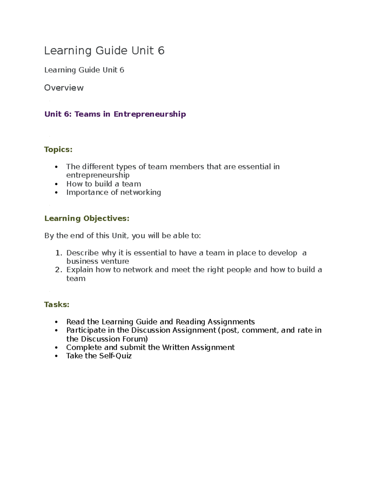 Learning Guide Unit 6 - Describe why it is essential to have a team in ...