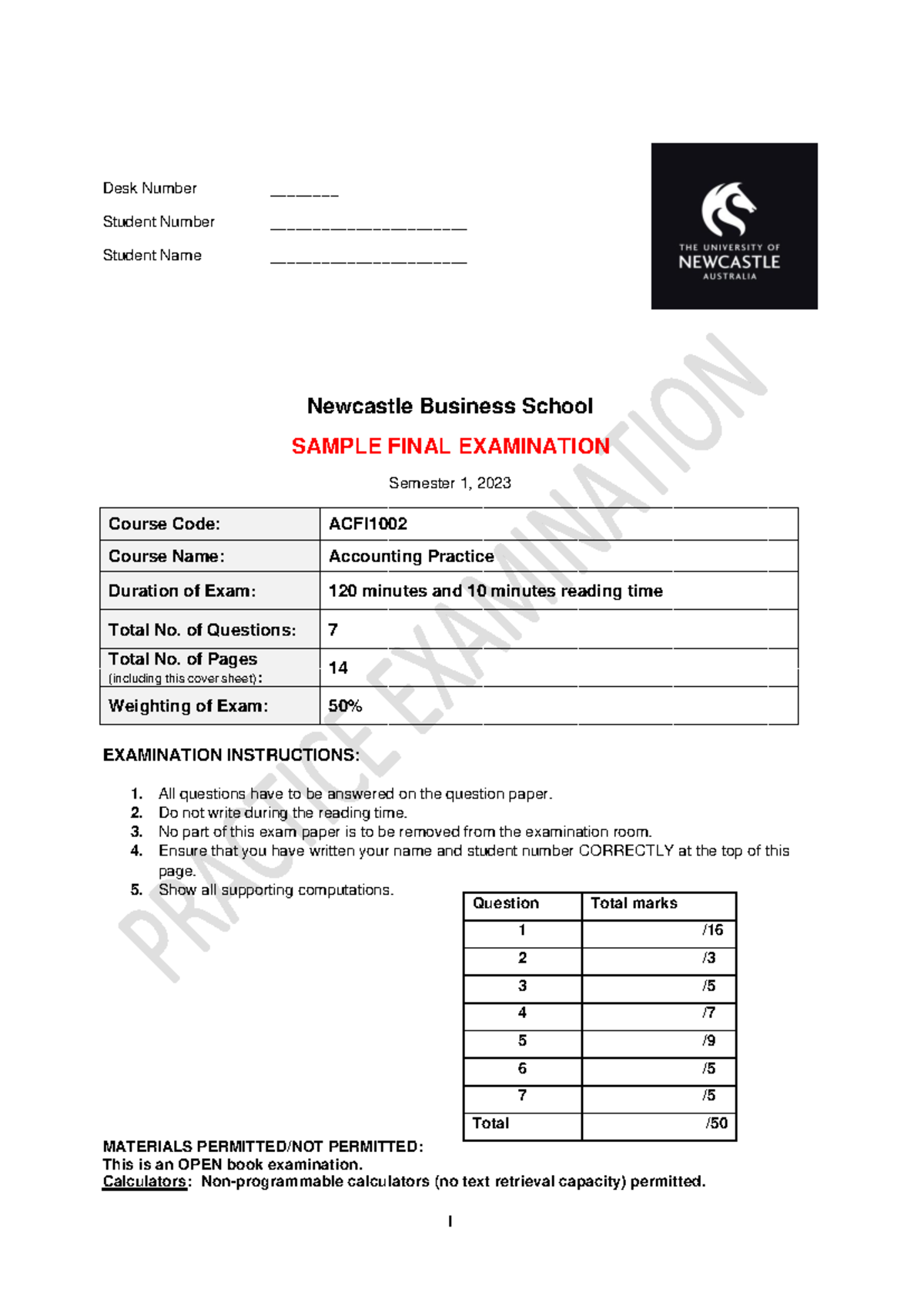 Sample Exam with solution - Desk Number ________ Student Number ...