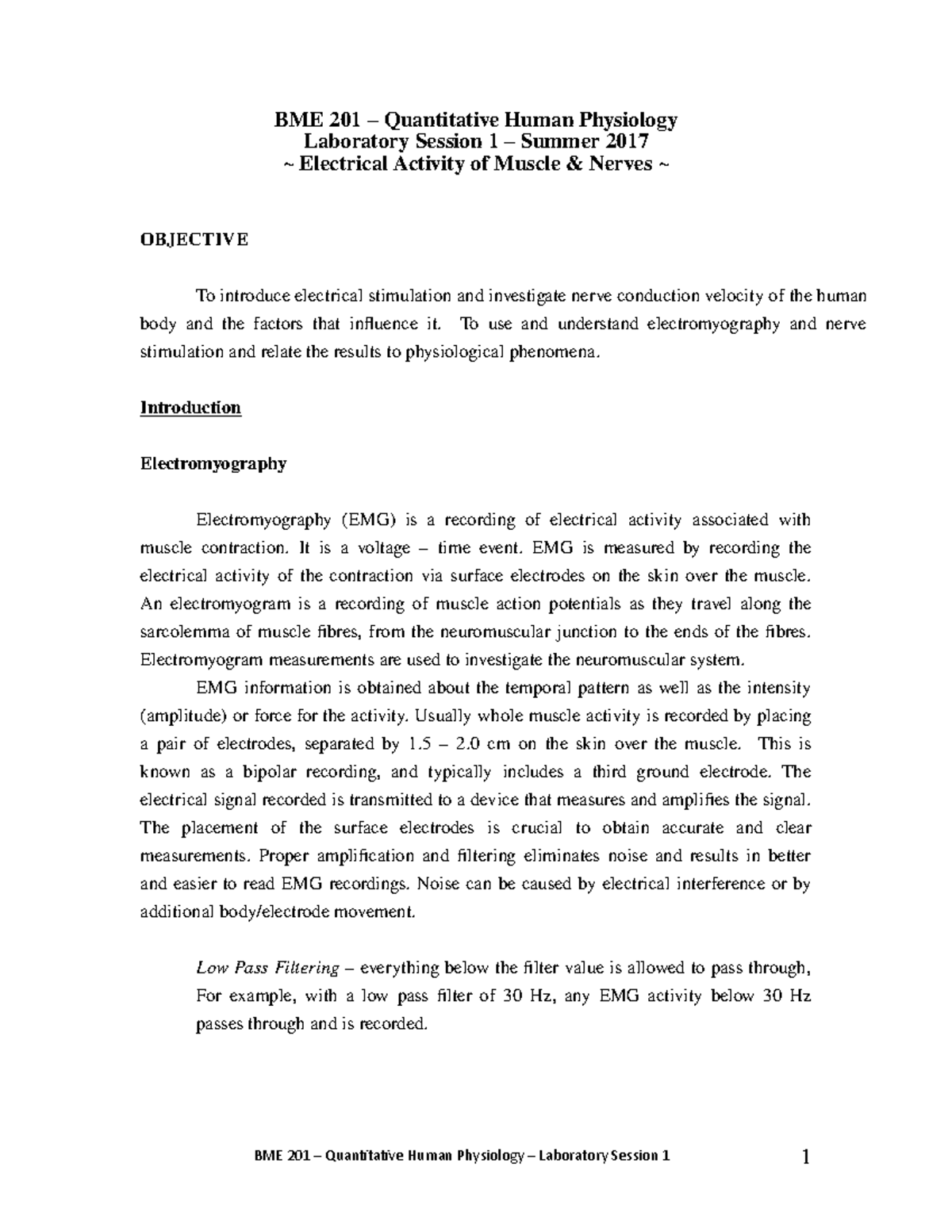 BME 201 - Lab 1 - Electrical activity of muscle nerves - 2017 - BME 201 – Quantitative Human ...