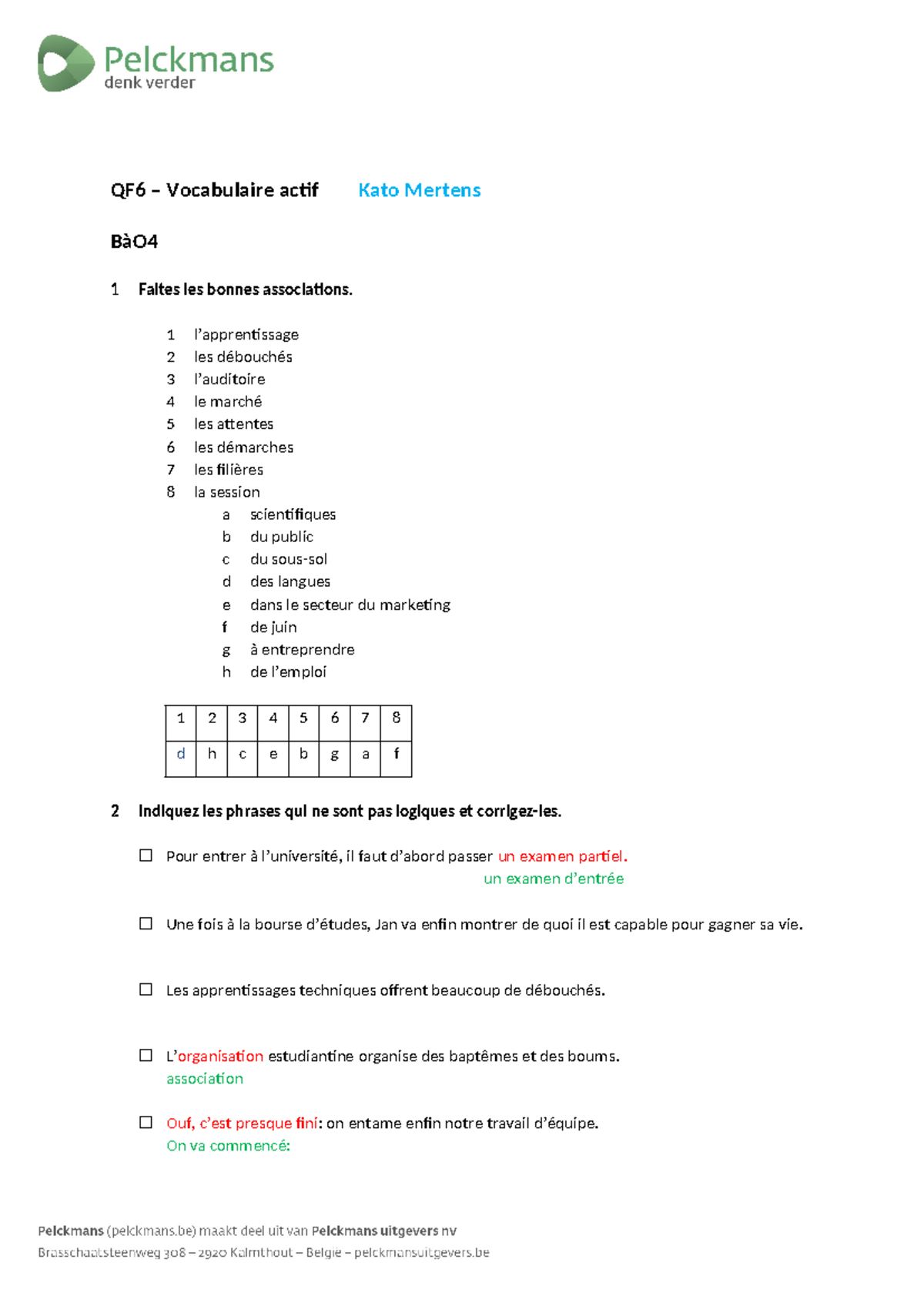 BA 6 Etudes supérieures Vocabulaire - Exercices (Word) - QF6 ...