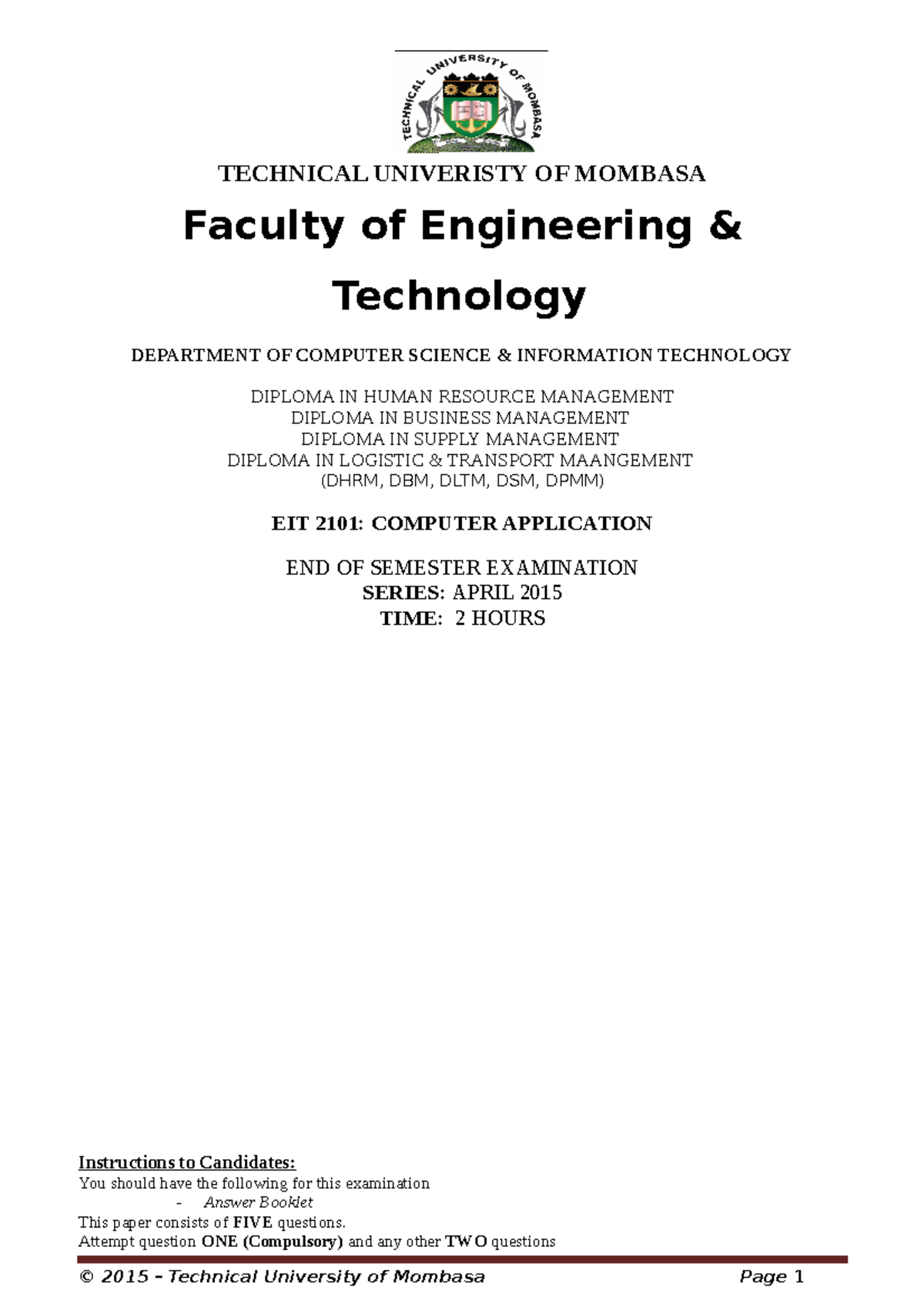 Computer Applications EIT 2101 - dhrm dpmm dbm dsm dltm - TECHNICAL ...
