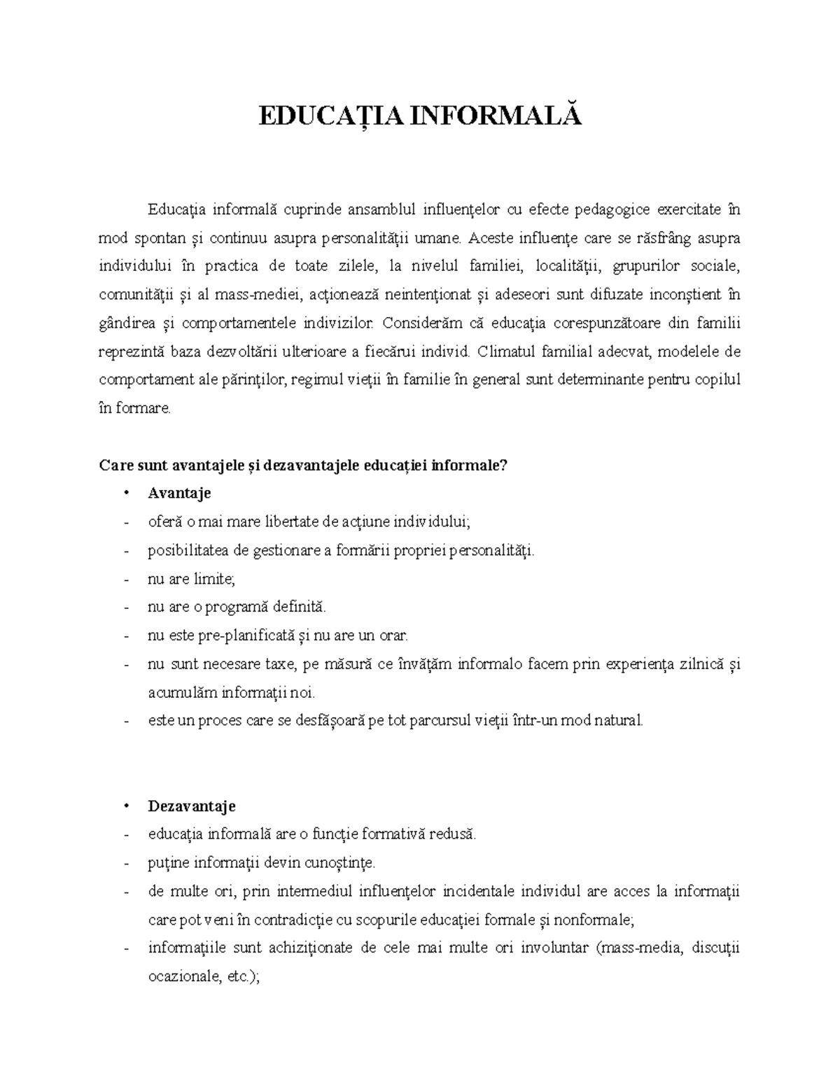 Educatie informala - Note de curs 1 - EDUCAȚIA INFORMALĂ Educația ...