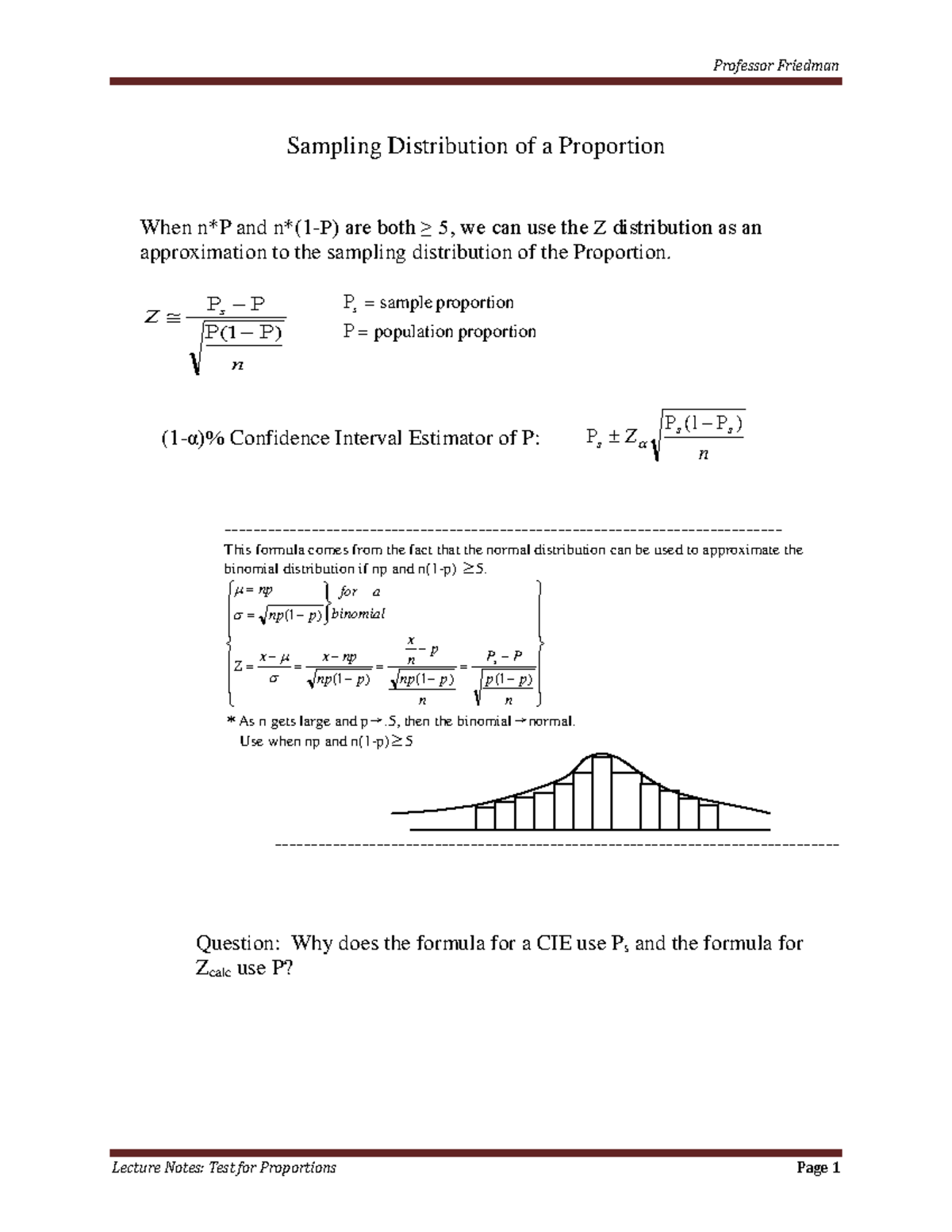 Testing Proportions - Lecture Notes: Test for Proportions - Sampling ...