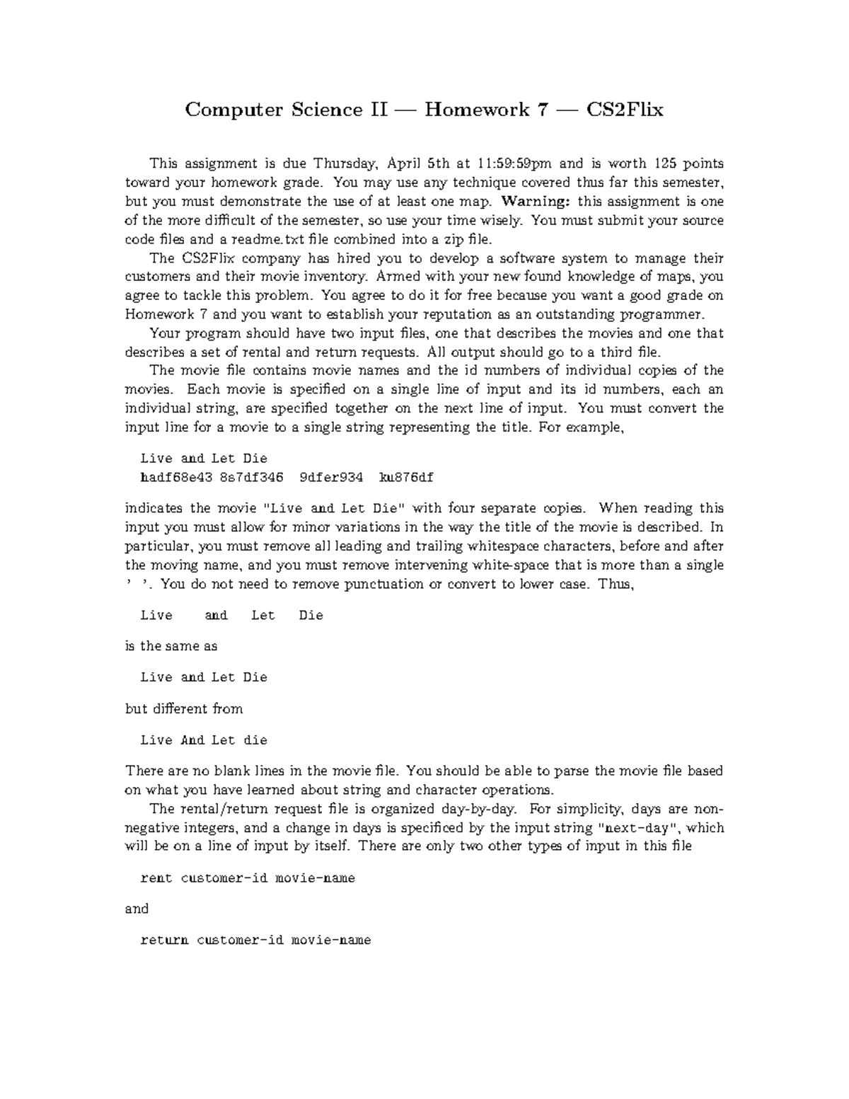 Hw7 - homework - Computer Science II — Homework 7 — CS2Flix This assignment is due Thursday ...