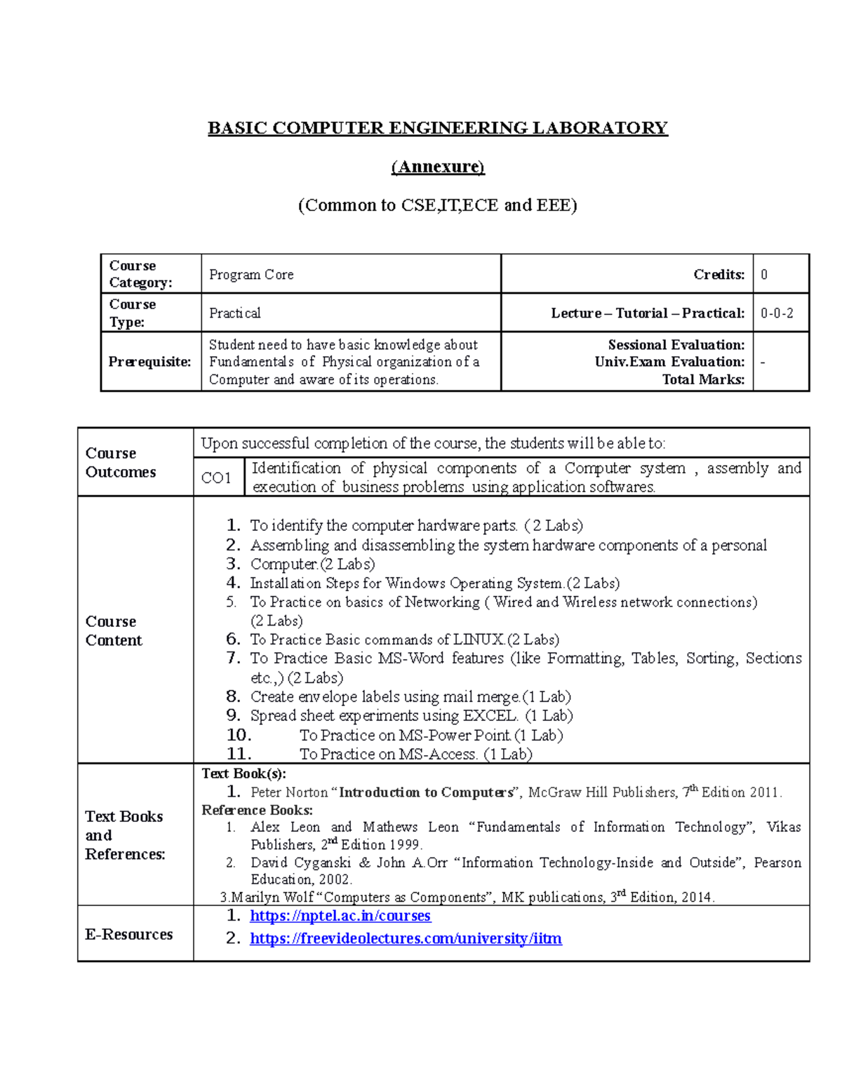 BCE LAB - Annexure TO 17CS1104 - BASIC COMPUTER ENGINEERING LABORATORY (Annexure) (Common to ...