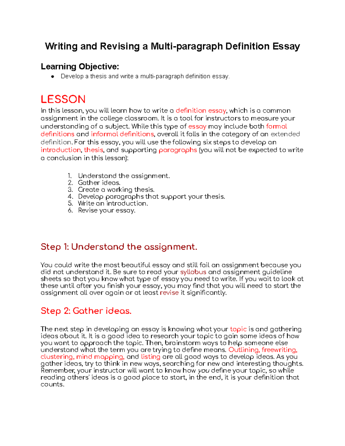 Writing and Revising a Multi-paragraph Definition Essay - LESSON In ...