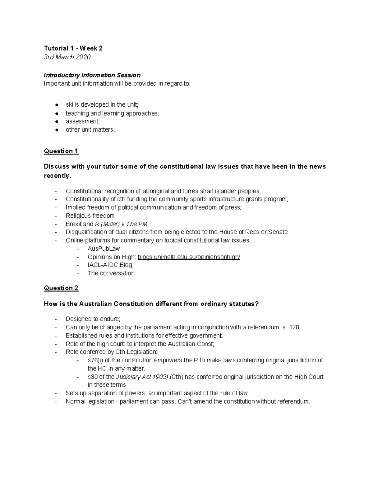 Tutorial 1 - Week 2 - Tutorial 1 - Week 2 3rd March 2020 . Introductory ...