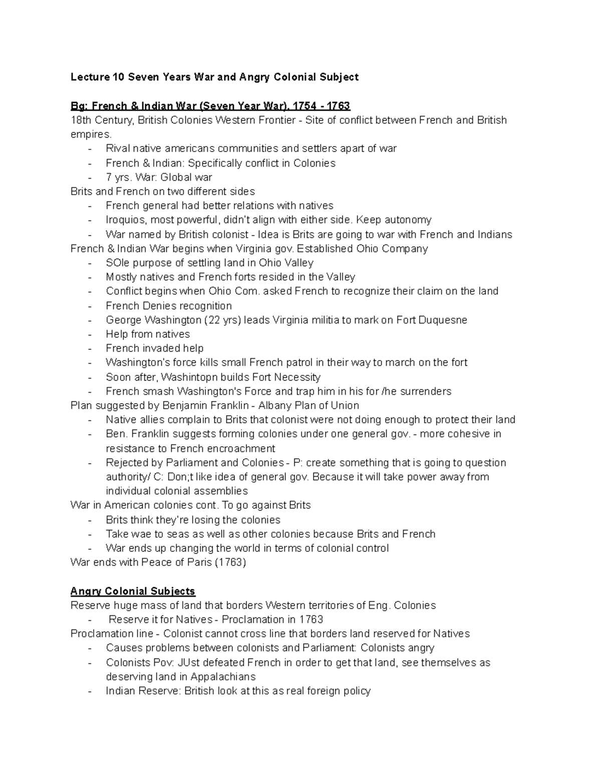 Lecture 10 Seven Years War and Angry Colonial Subject - Rival native ...