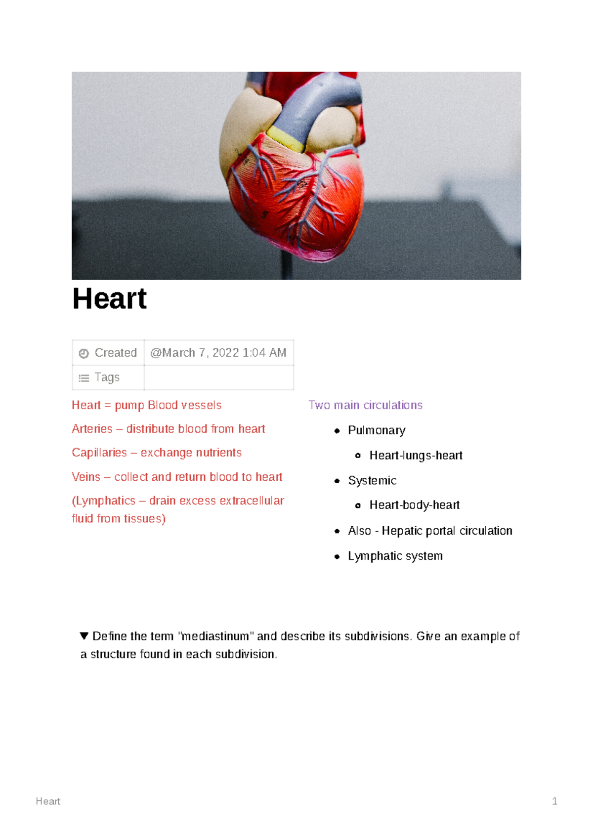 Cardio Anatomy notes - Heart Created Tags Heart = pump Blood vessels ...