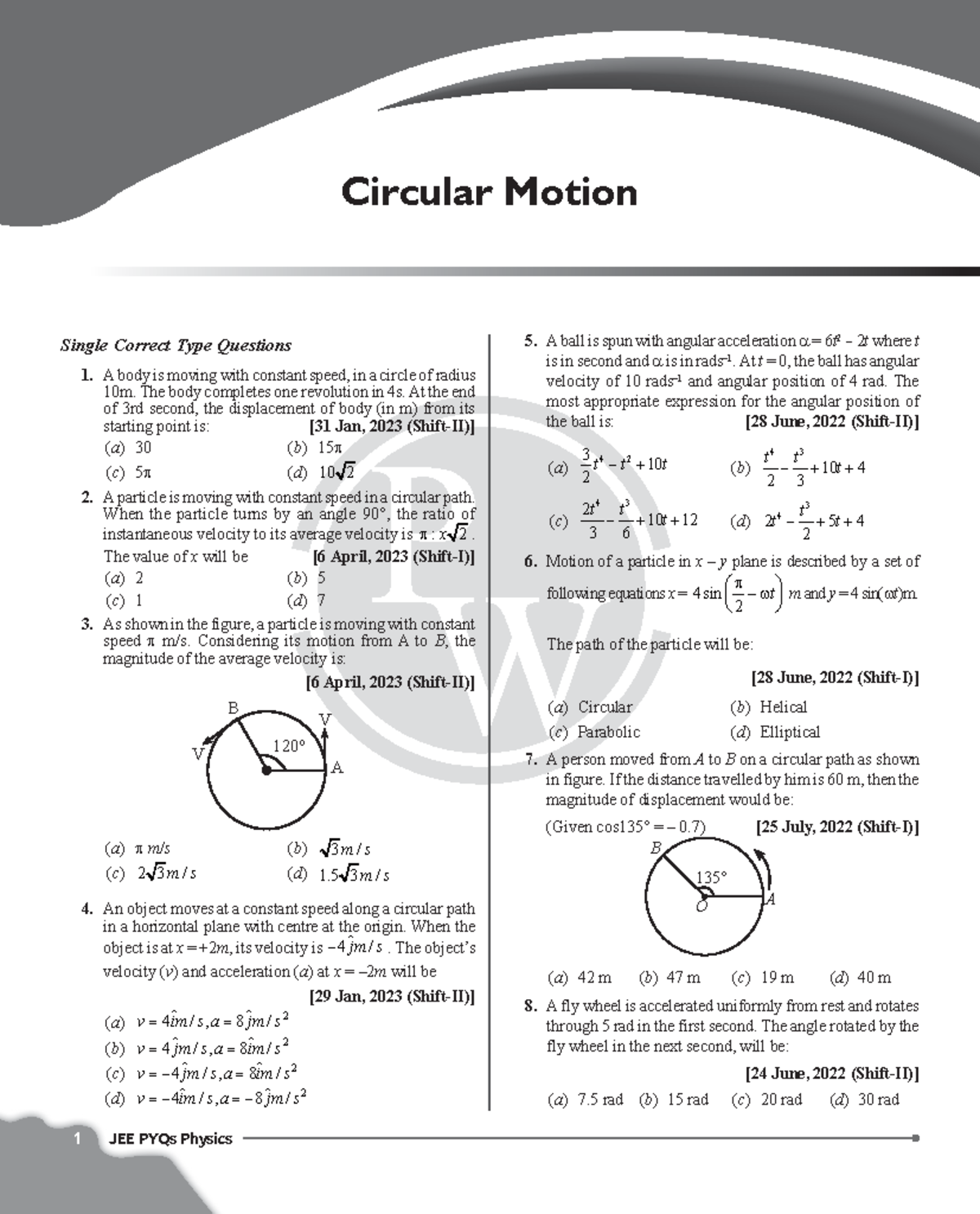 Circular Motion PYQ Practice Sheet - Single Correct Type Questions A ...