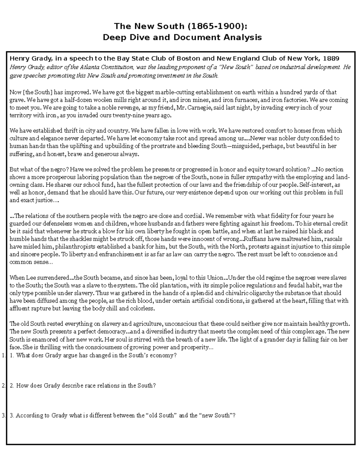 The New South assignment - The New South (1865-1900): Deep Dive and ...