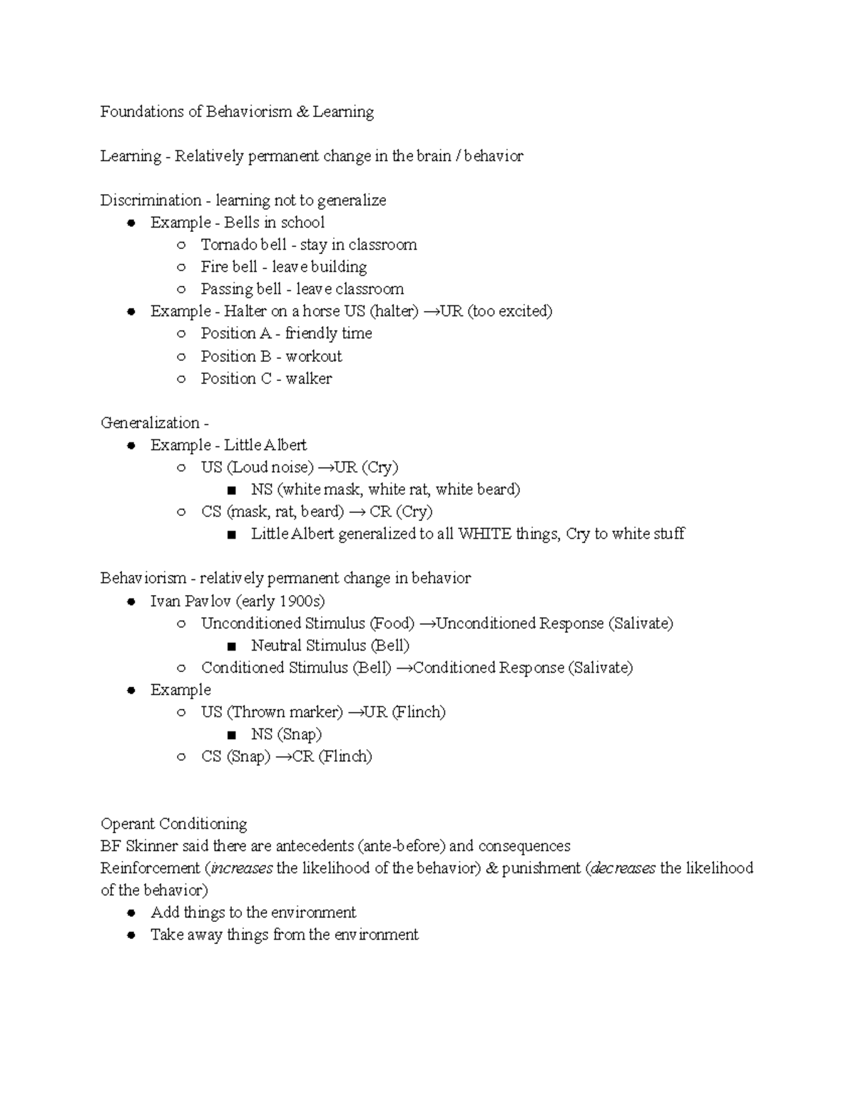 Foundations of Behaviorism and Learning Notes - Foundations of ...