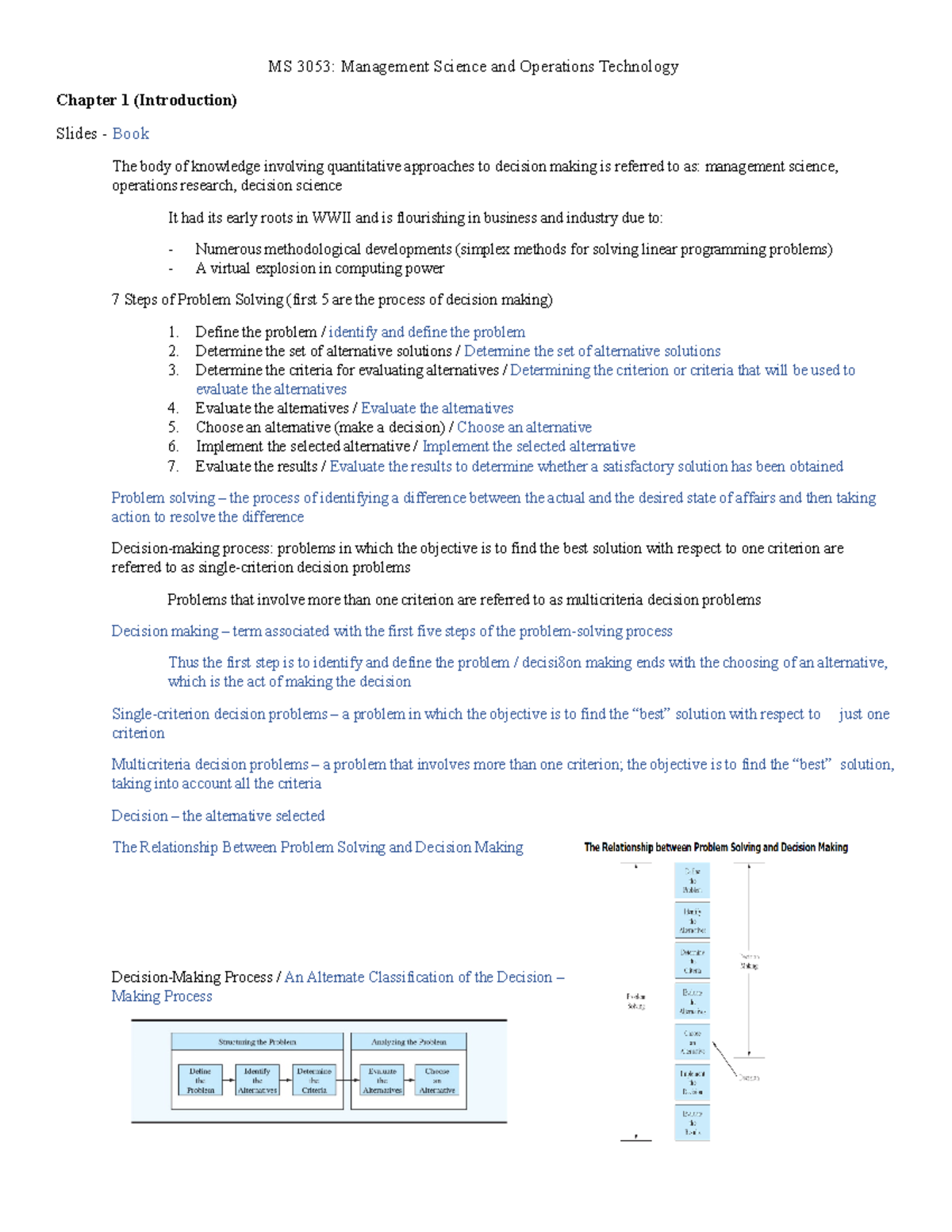 MS 3053 Part 1 - Class notes - MS 3053: Management Science and ...
