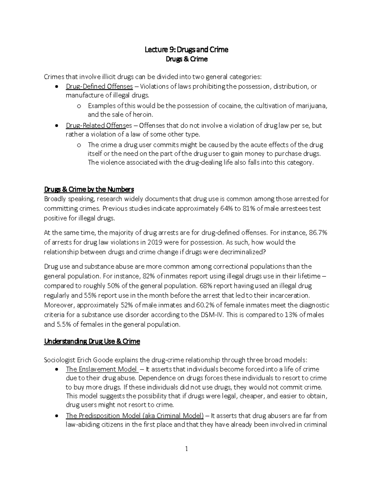 Module 9 - main points on drug and crime - Lecture 9 : Drugs and Crime Drugs & Crime Crimes that ...