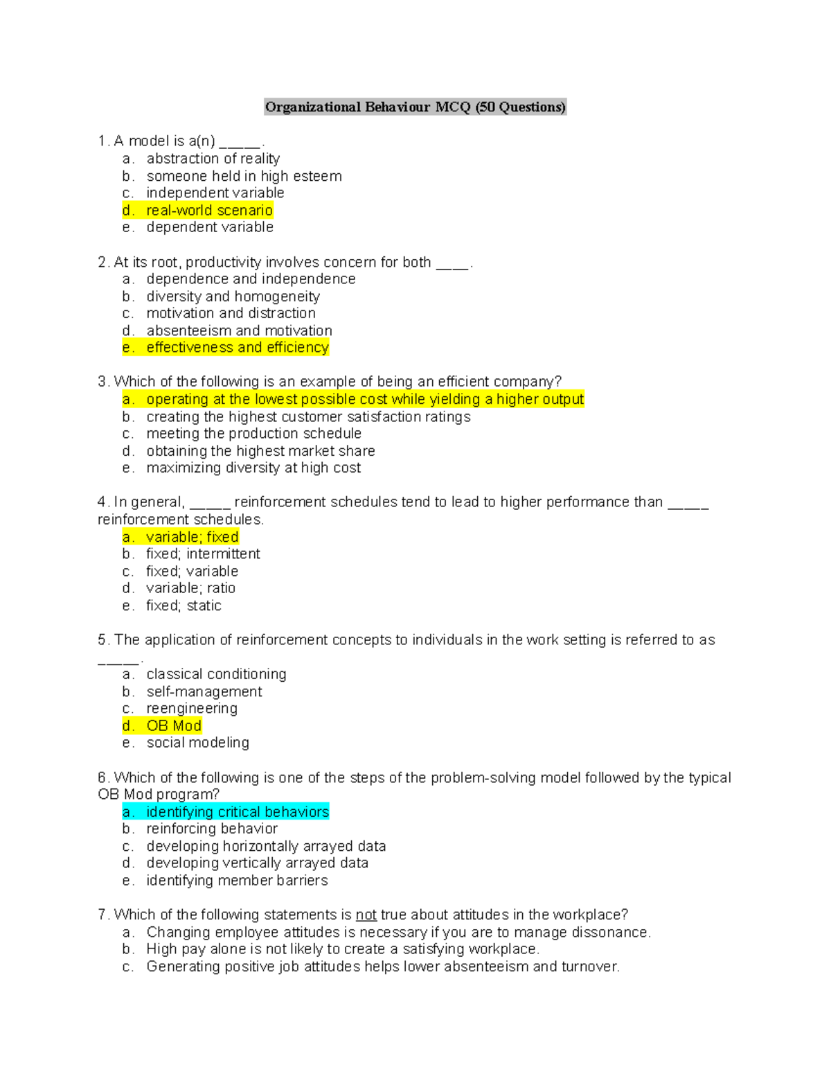 OB sample Qs with answers plus more questions - Organizational ...