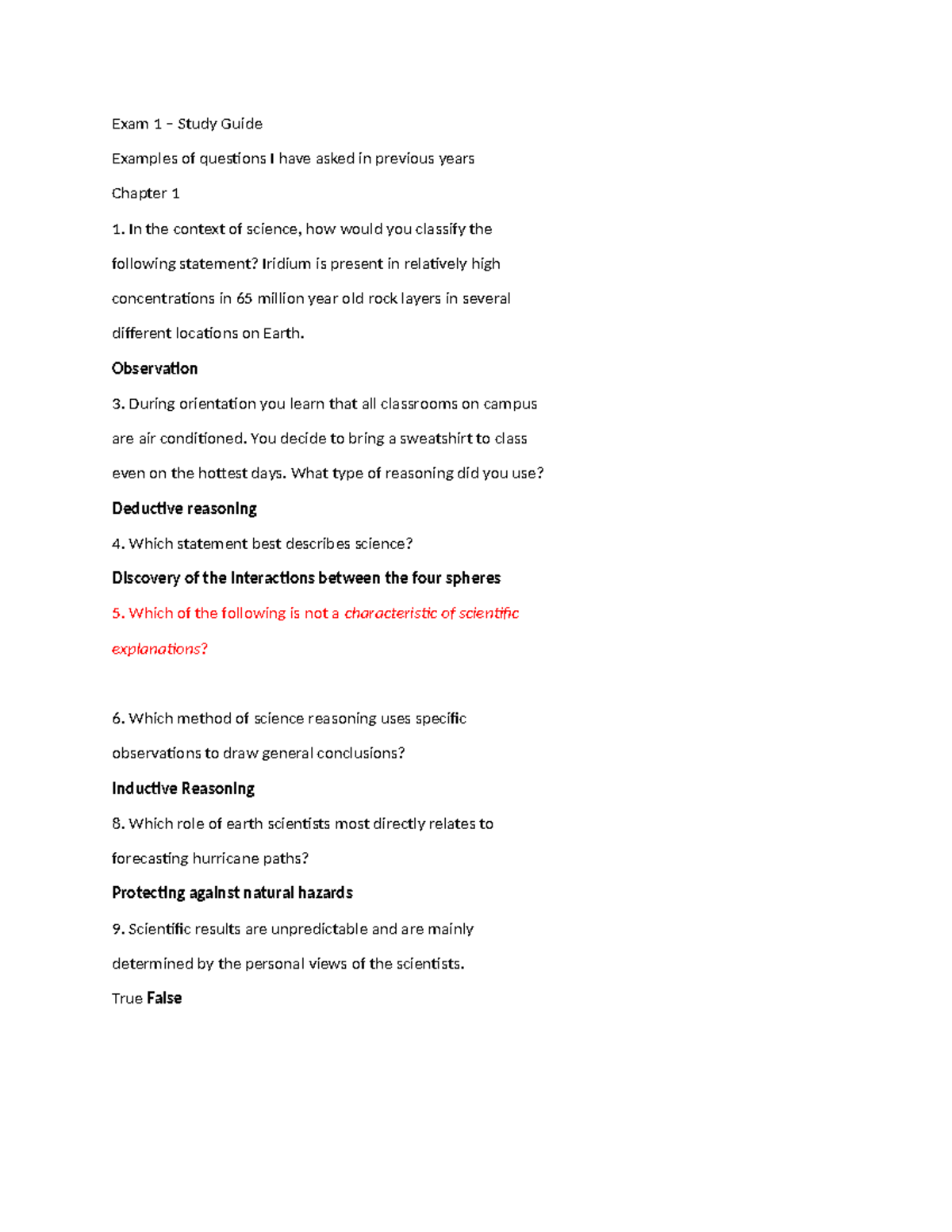 Earth Science - Exam 1 Study Guide - Exam 1 – Study Guide Examples of ...