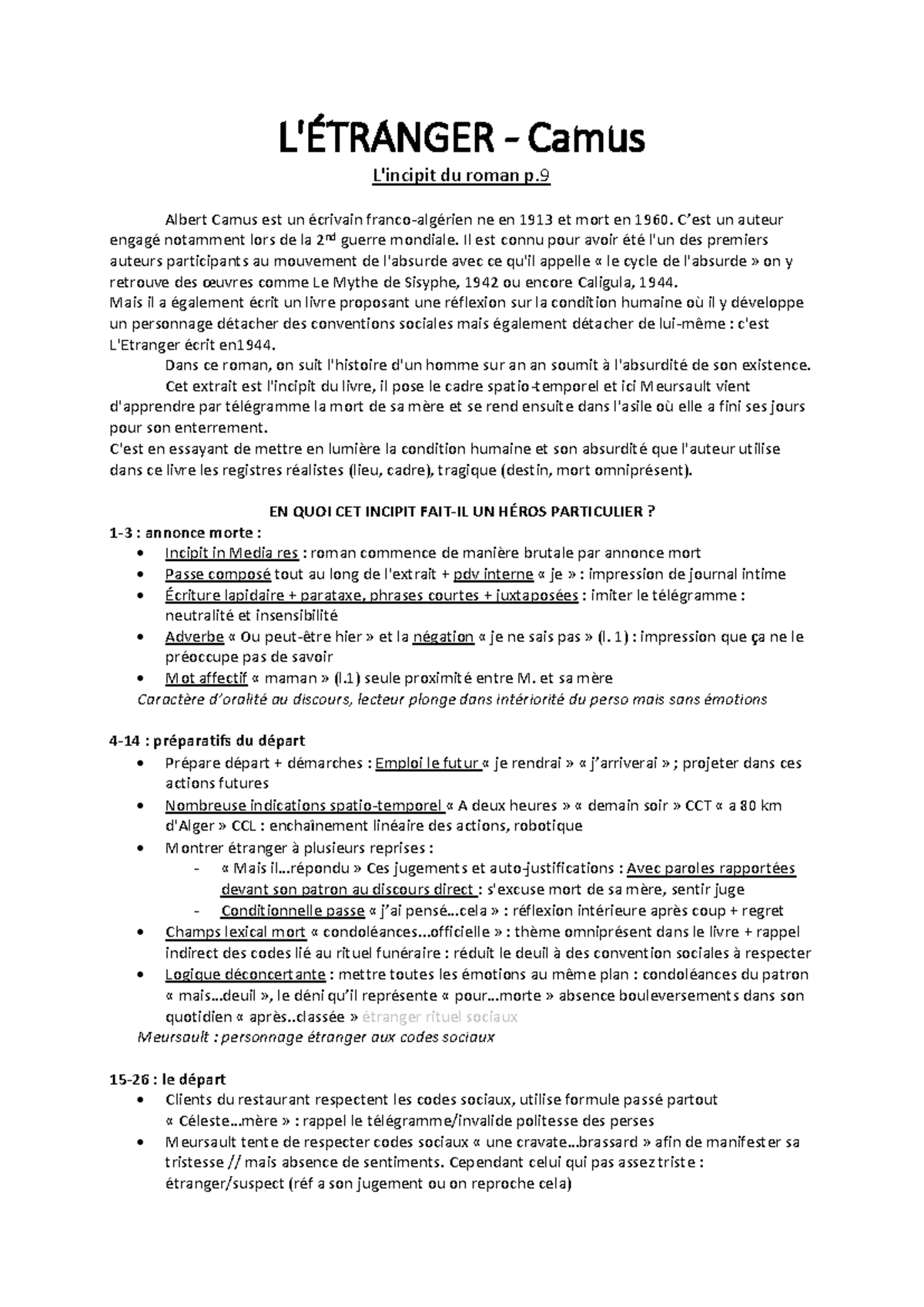 Fiche 5 etranger - L'ÉTRANGER - Camus L'incipit du roman p. Albert Camus est un écrivain - Studocu