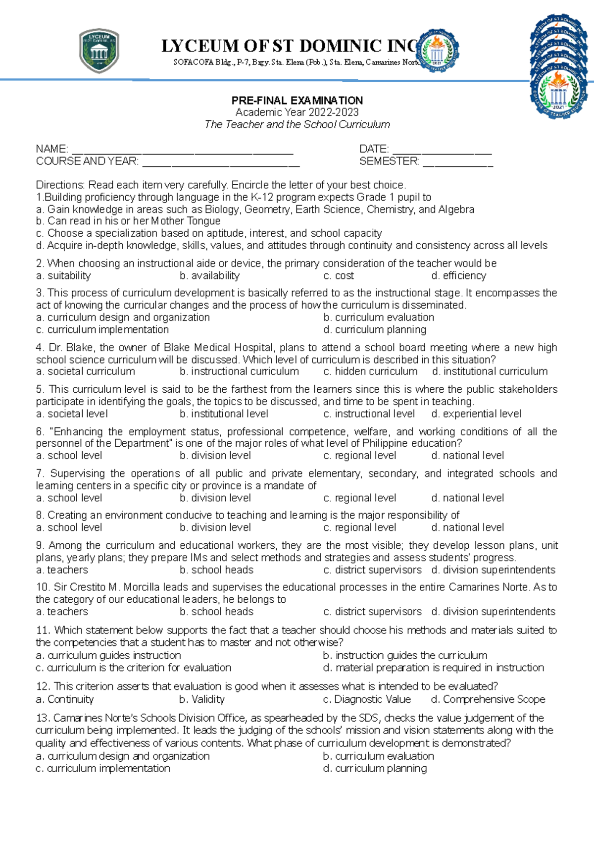 SET A-Pre-Final Exam Exam-The Teacher and the School CurriculumThe ...