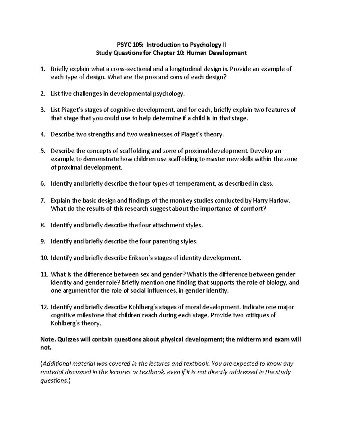 Chapter 10 Study Guide - PSYC 105: Introduction to Psychology II Study Questions for Chapter 10 ...