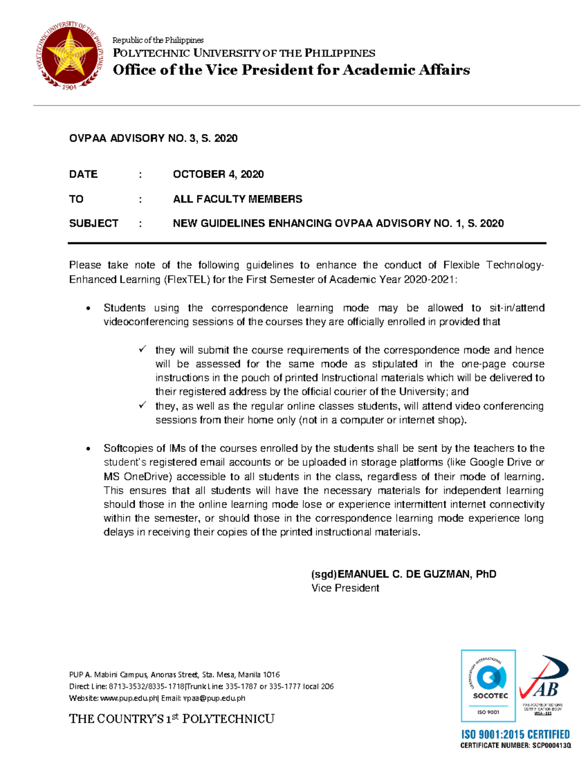 Supplemental to Advisory No - Republic of the Philippines POLYTECHNIC ...