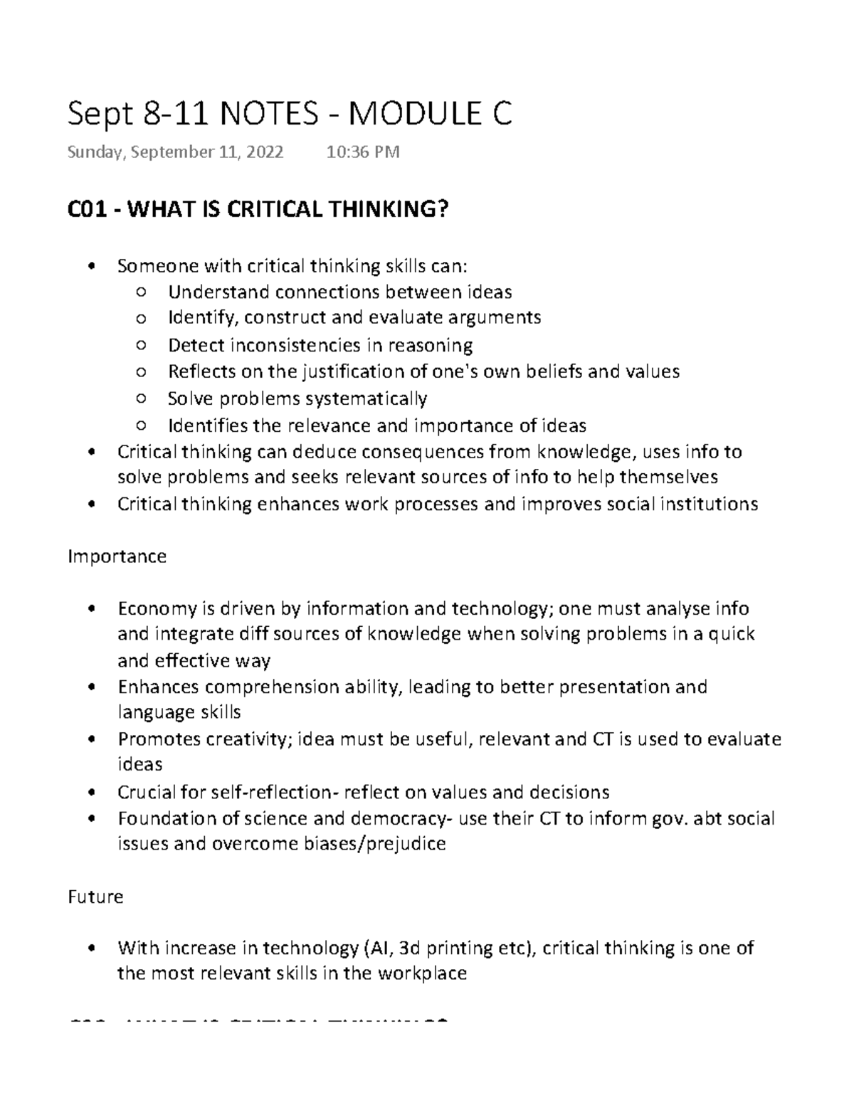 Sept 8-11 Notes - Module C - C01 - WHAT IS CRITICAL THINKING? Someone ...