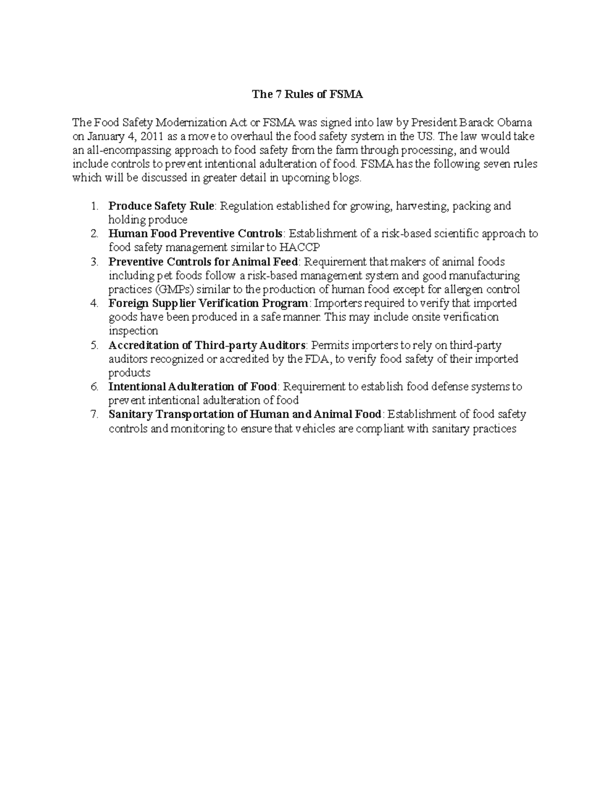 The 7 Rules of FSMA - The 7 Rules of FSMA The Food Safety Modernization ...