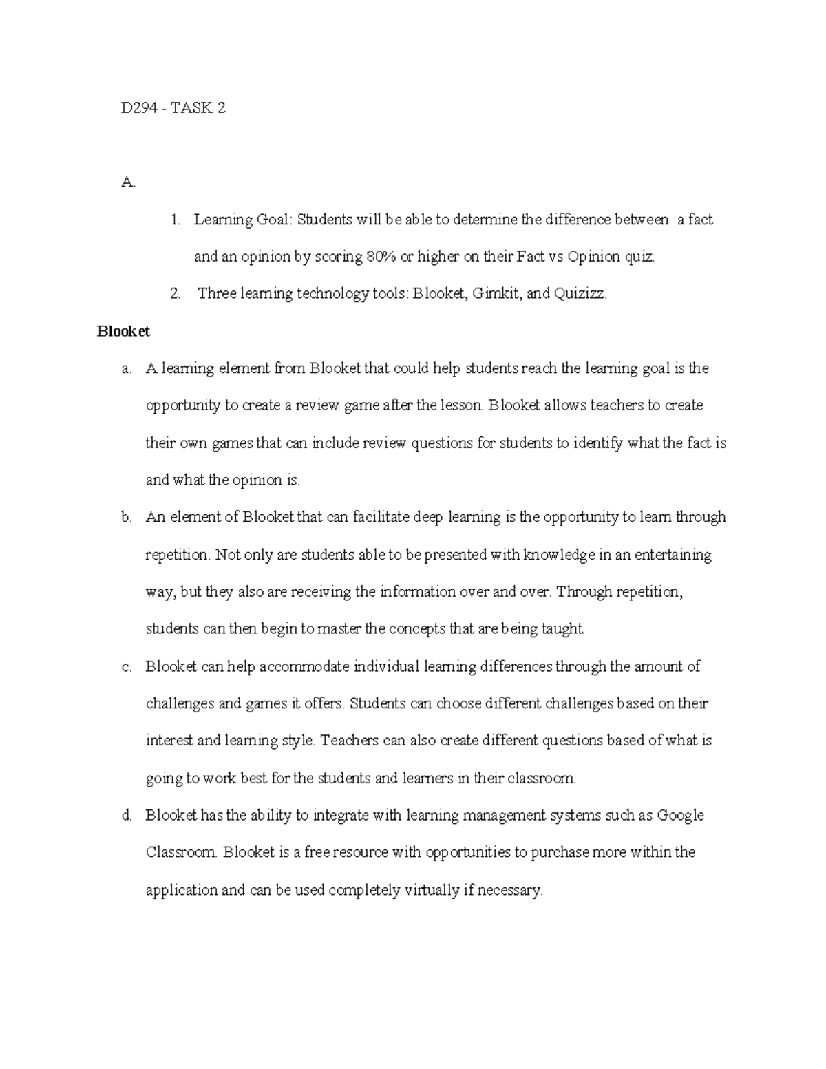 Studocu D294 - Task 2 - Passed - D294 - TASK 2 A. Learning Goal ...