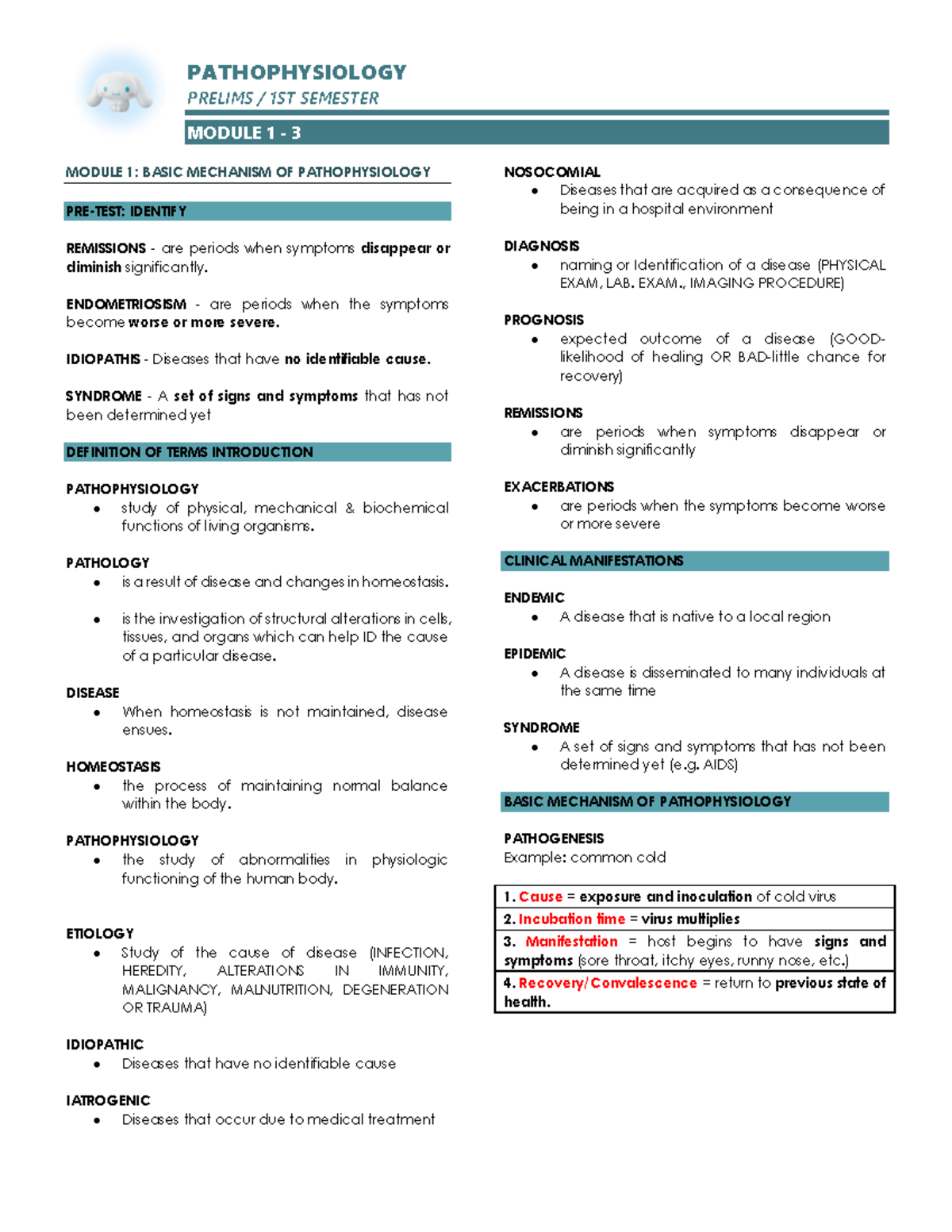 Module 1, 2 and 3 Pathophysiology - PRELIMS / 1ST SEMESTER MODULE 1 - 3 ...
