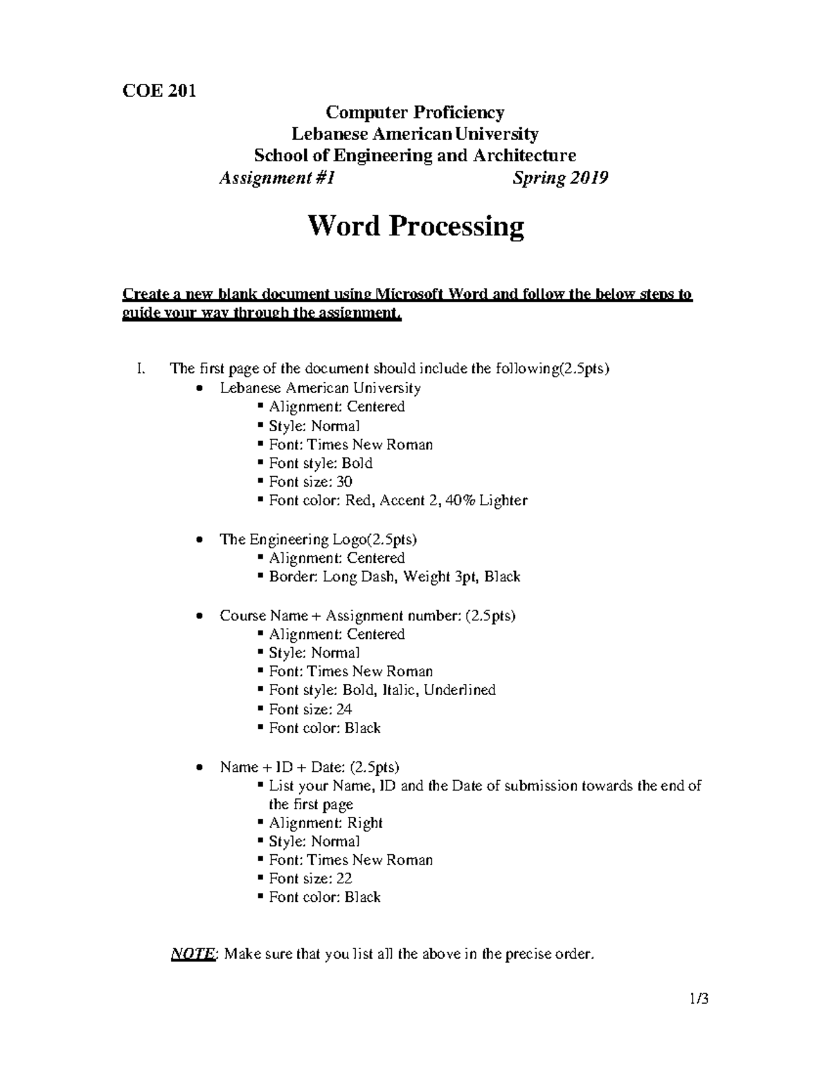 Assignment 1-2019 - COE 201 Computer Proficiency Lebanese American ...