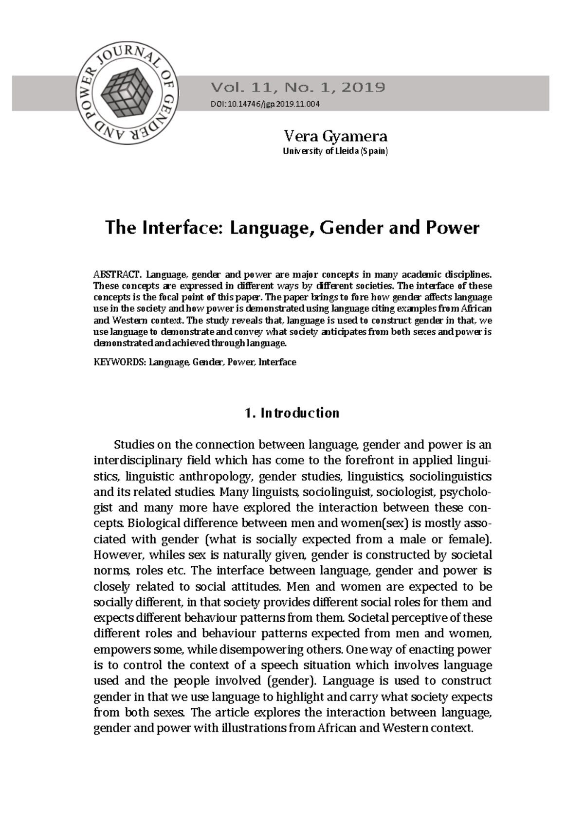 JGP Vol 11 No 1 E - gender, sex - Vol. 11, No. 1, 2019 DOI: 10.14746 ...