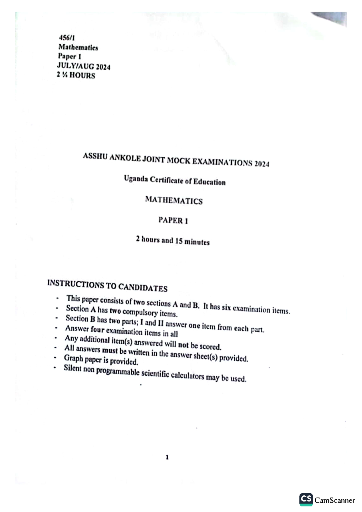 Asshu UCE MATH Ankole Region - Mathematics Paper 1 2024 2 HOURS ASSHU ...