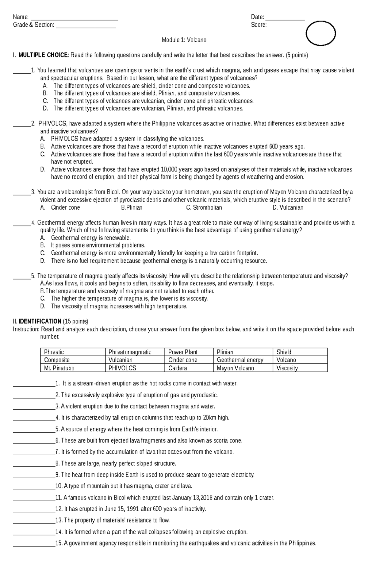 Volcano Quiz Activity Sheet - Name: _____________________________ Date ...